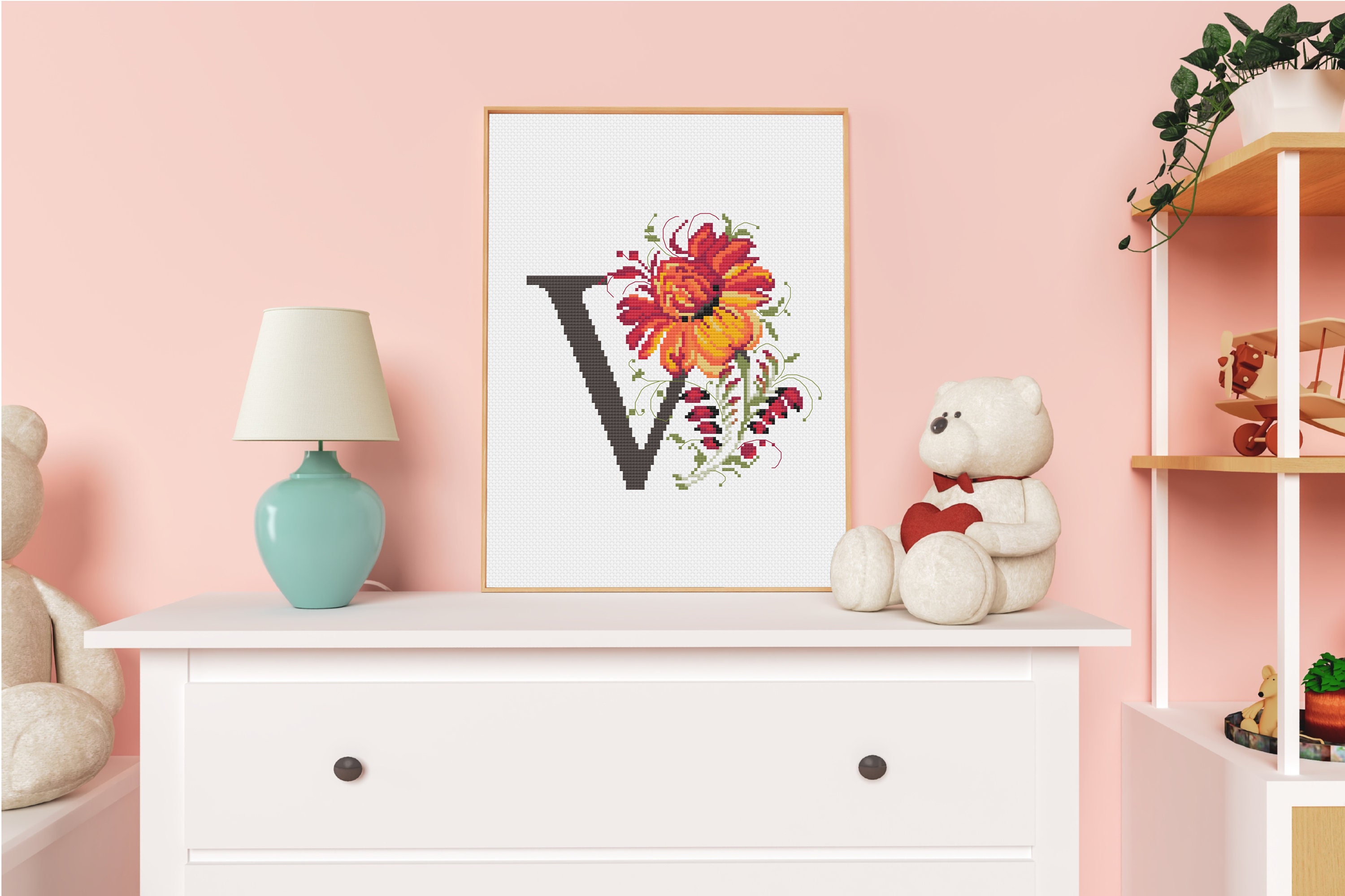 Floral Letter V Cross Stitch Monogram Pattern V Folk | Etsy