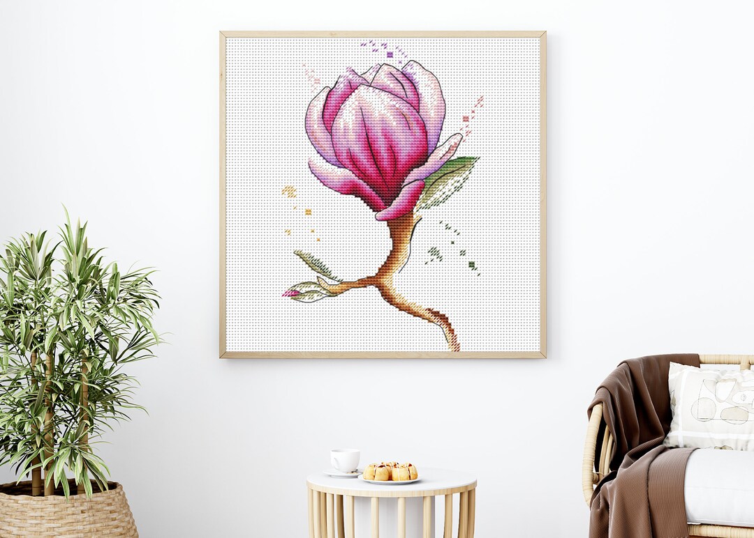 Magnolia Cross Stitch Pattern PDF - Watercolor Pink Flower - Etsy