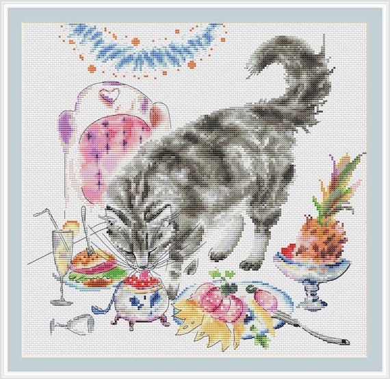 Cat on Table PDF Cross Stitch Pattern Grey Cat Embroidery - Etsy