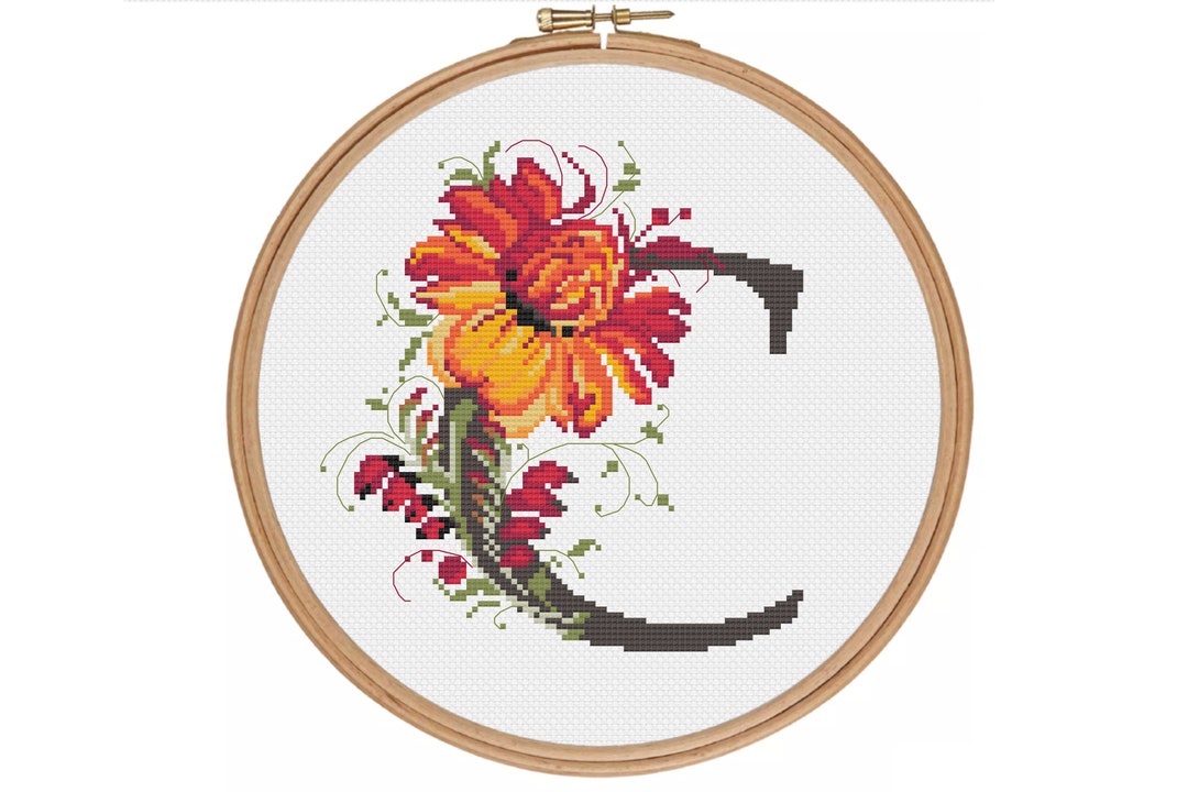 Floral Letter C - Folk Cross Pdf Cross Stitch Pattern - Flower Monogram ...
