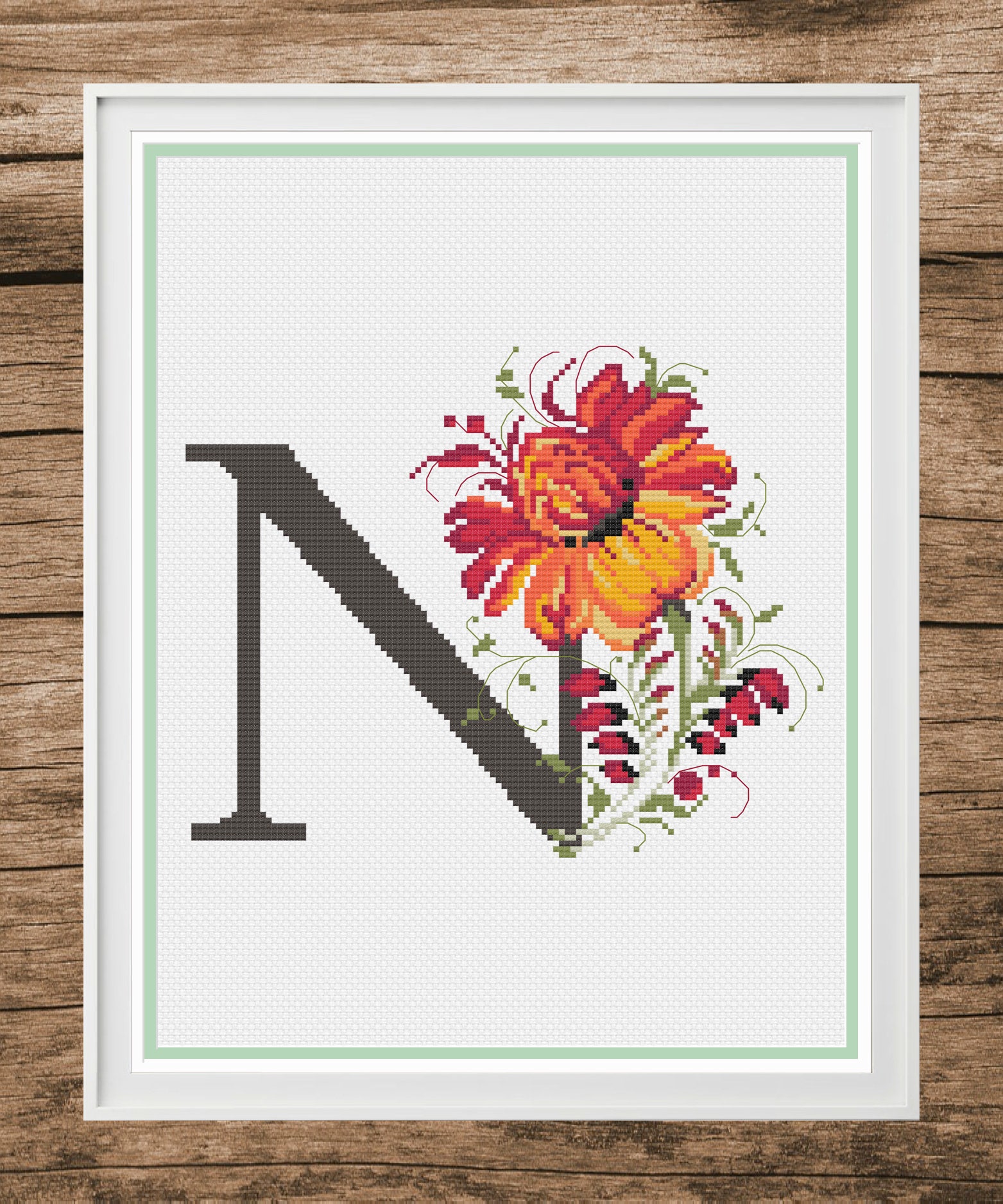 Floral Letter N - Cross Stitch Monogram Pattern N - Folk Traditional ...