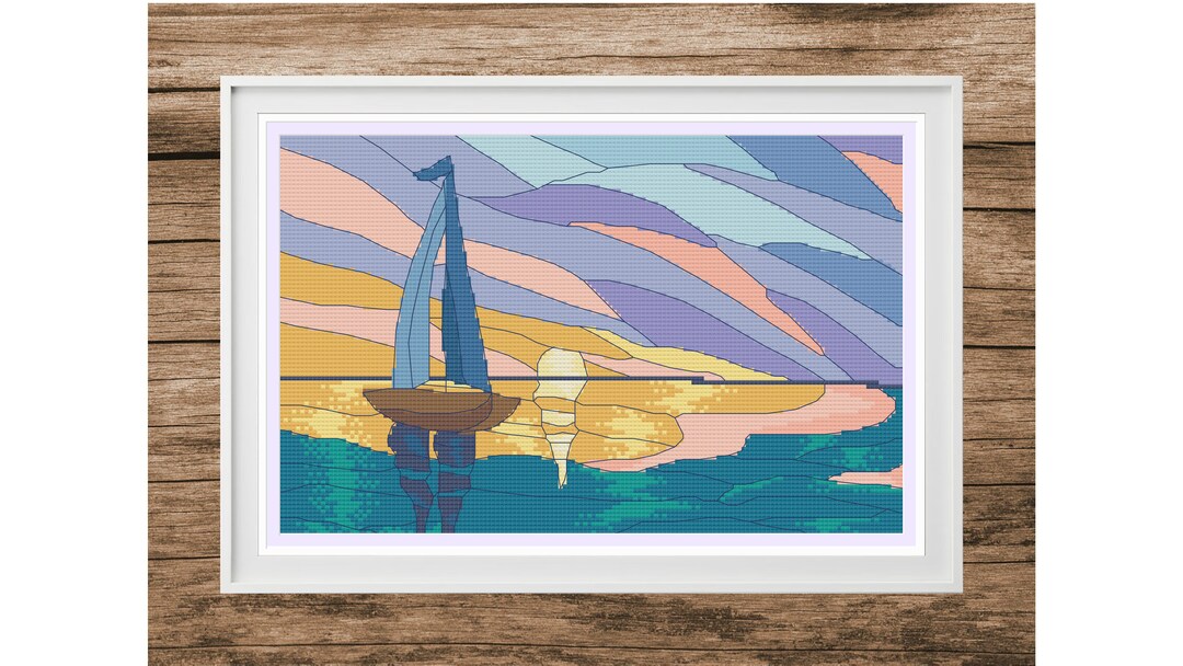 Sunrise Ship - Stained Glass Style - Seascape - PDF Pattern - Cross ...