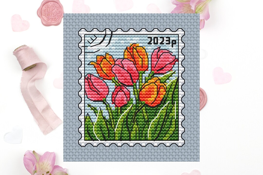 Pink Tulips Post Stamp PDF Cross Stitch Pattern - Flower Embroidery ...