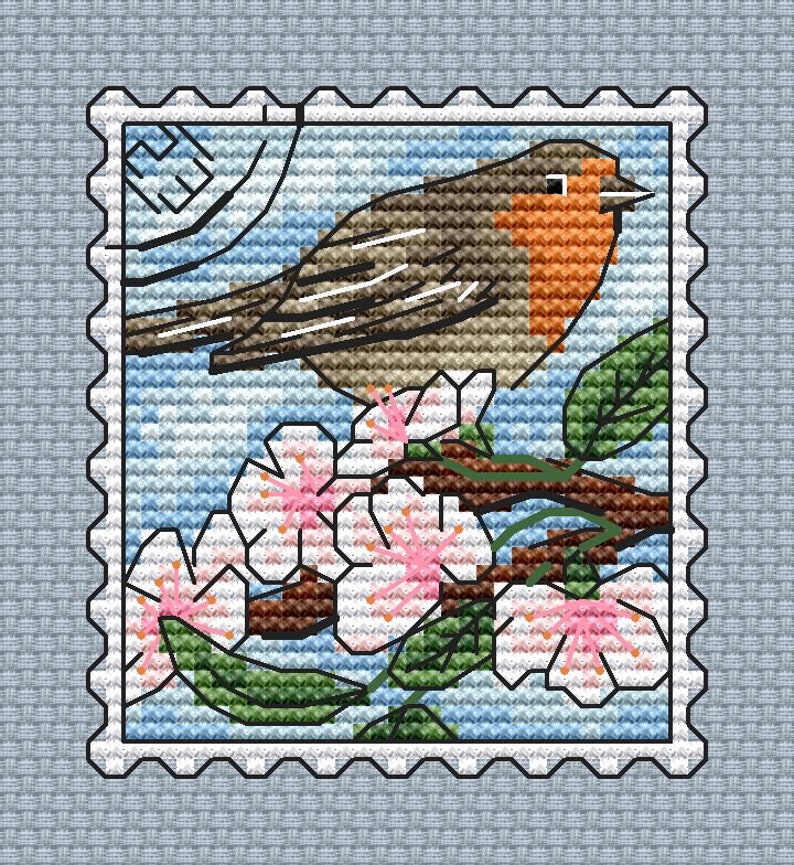 Robin Bird Post Stamp PDF Cross Stitch Pattern - Bird Embroidery Chart ...