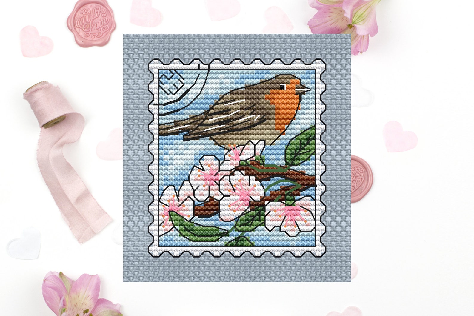 Robin Bird Post Stamp PDF Cross Stitch Pattern - Bird Embroidery Chart ...