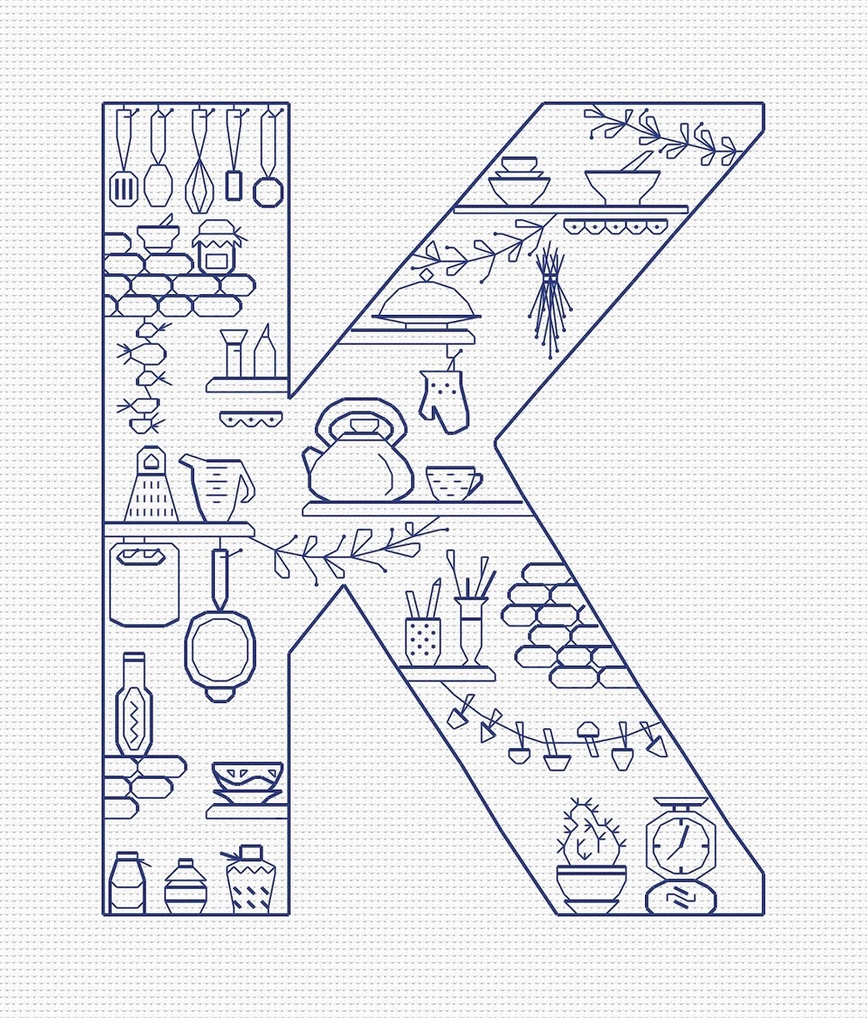 Kitchen Letter K PDF Cross Stitch Pattern - Blackwork Monogram K - Cozy ...