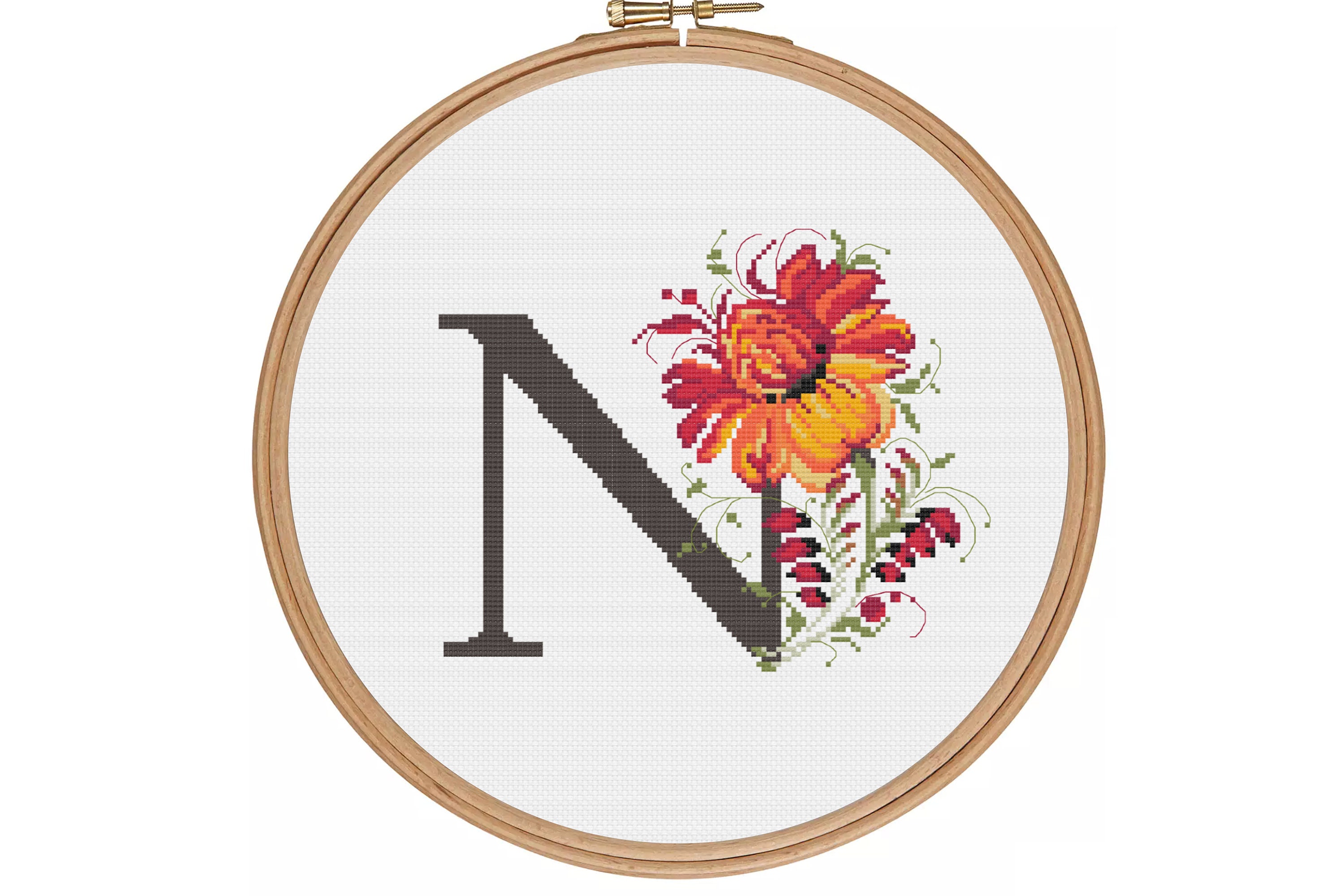 Floral Letter N Cross Stitch Monogram Pattern N Folk - Etsy
