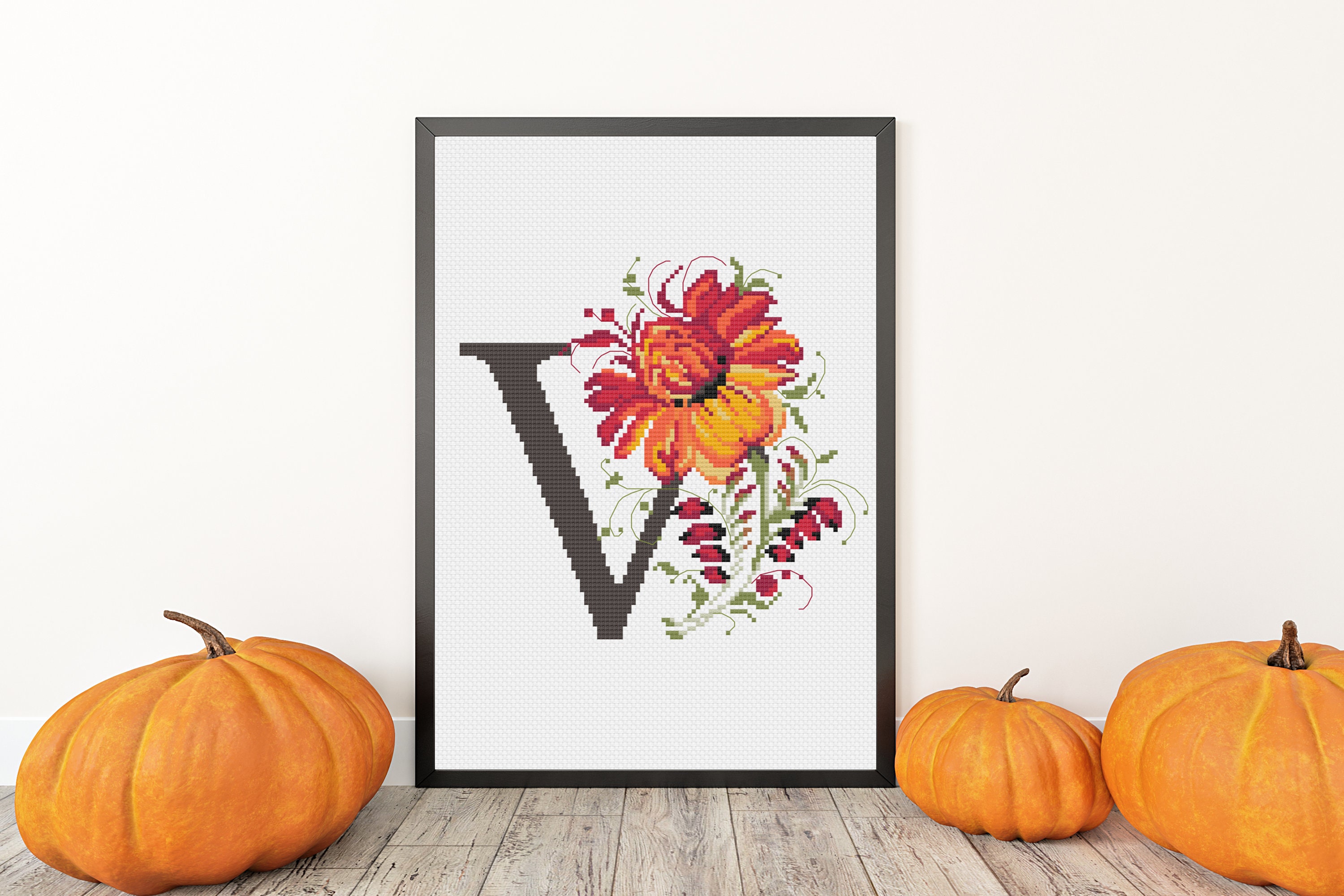 Floral Letter V Cross Stitch Monogram Pattern V Folk | Etsy