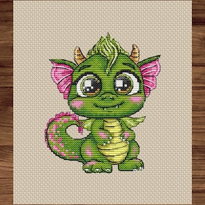 Cute Little Dragon PDF Cross Stitch Pattern - Green Dragon Embroidery ...