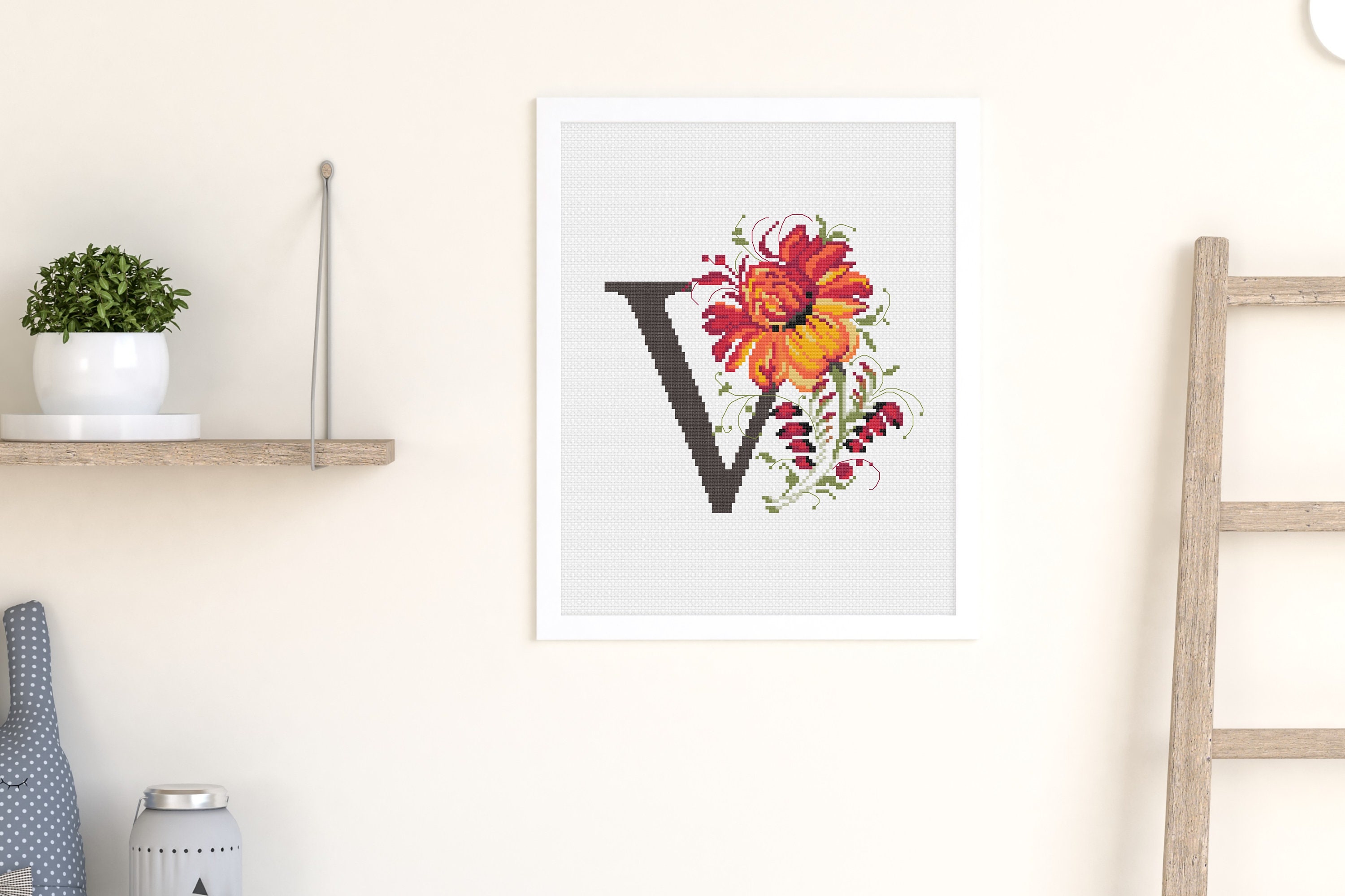 Floral Letter V Cross Stitch Monogram Pattern V Folk | Etsy