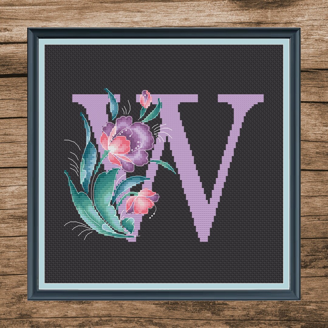 Floral Letter W - Folk Pdf Cross Stitch Pattern - Flower Monogram ...