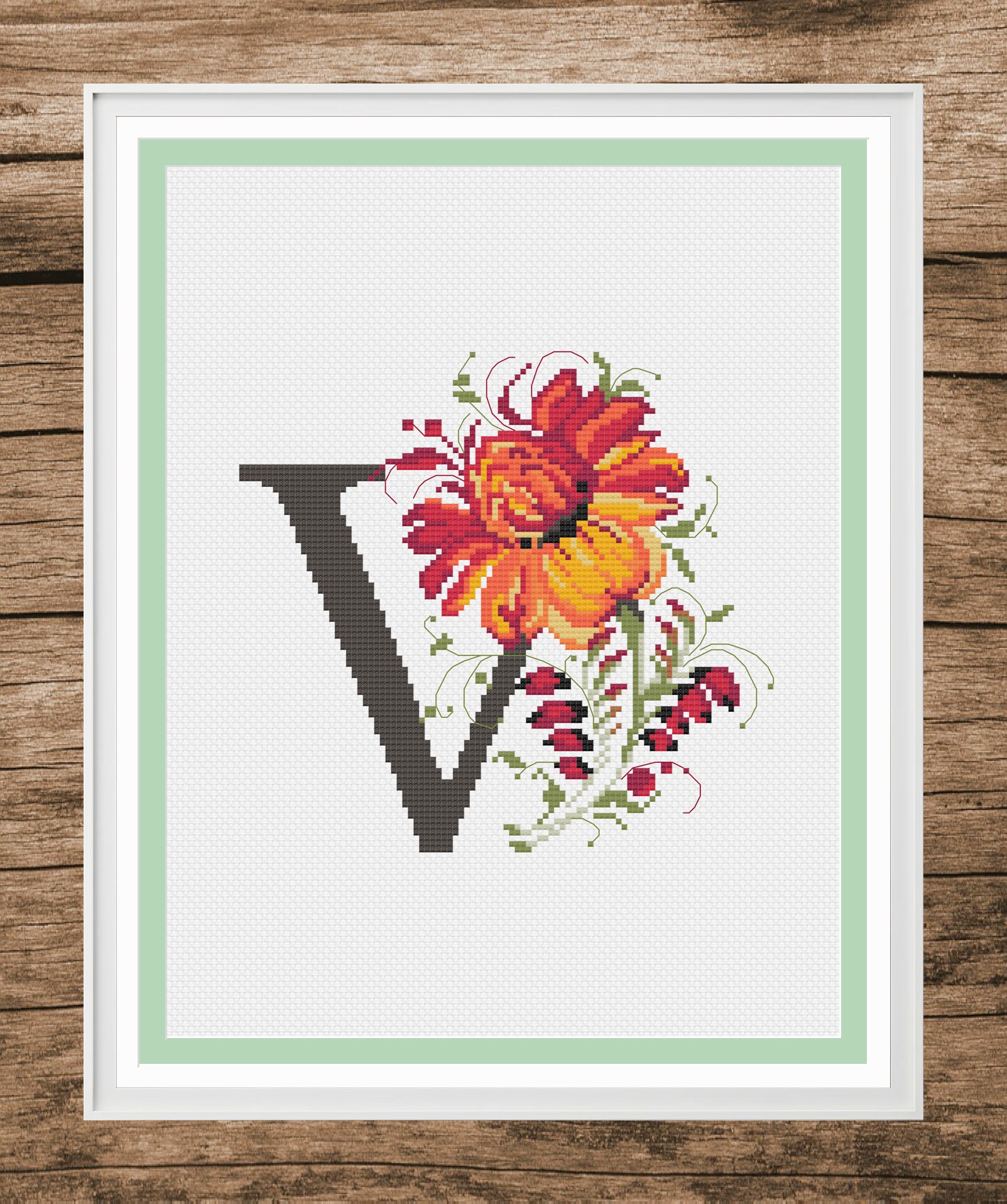 Floral Letter V Cross Stitch Monogram Pattern V Folk | Etsy