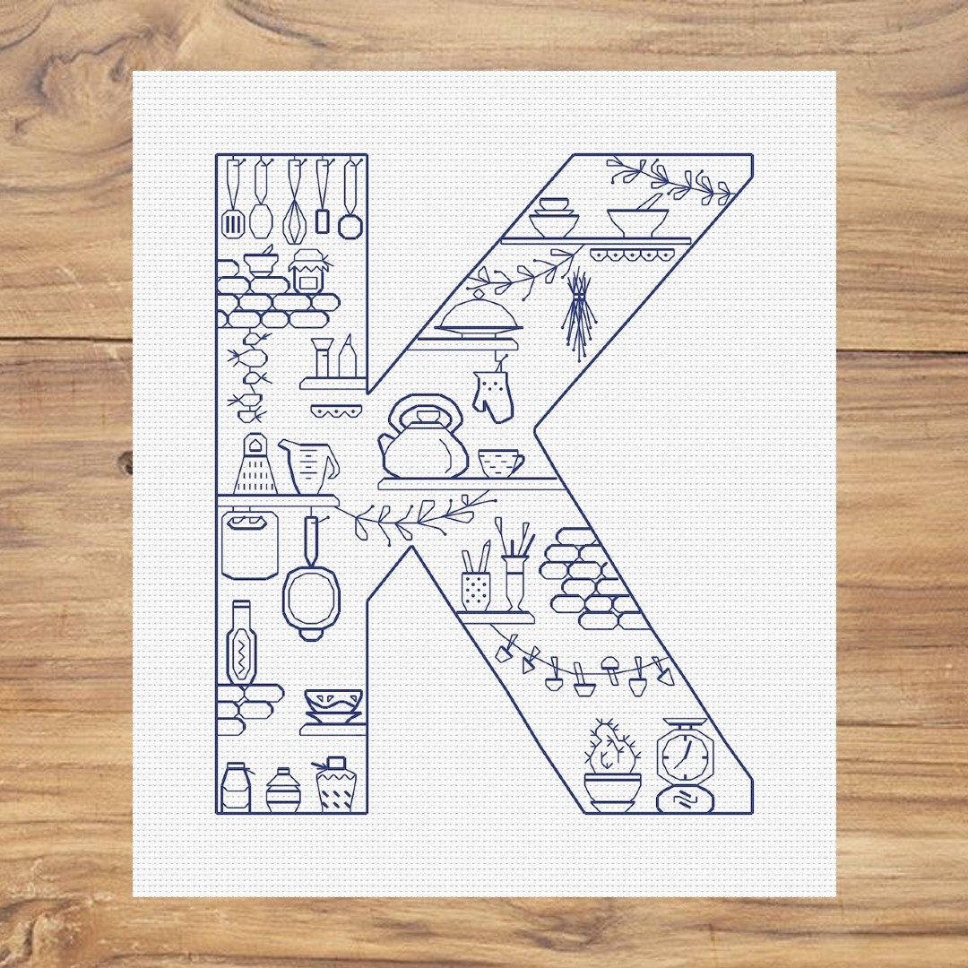 Kitchen Letter K PDF Cross Stitch Pattern - Blackwork Monogram K - Cozy ...