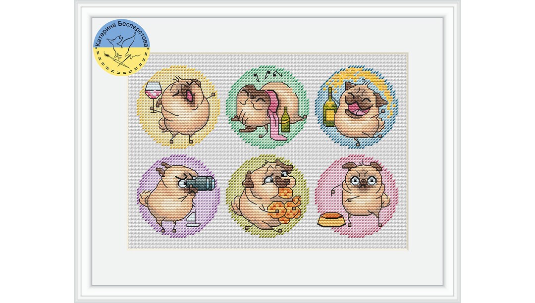 SET OF 6: Ginger Pugs PDF Cross Stitch Pattern - Dogs Embroidery Chart ...