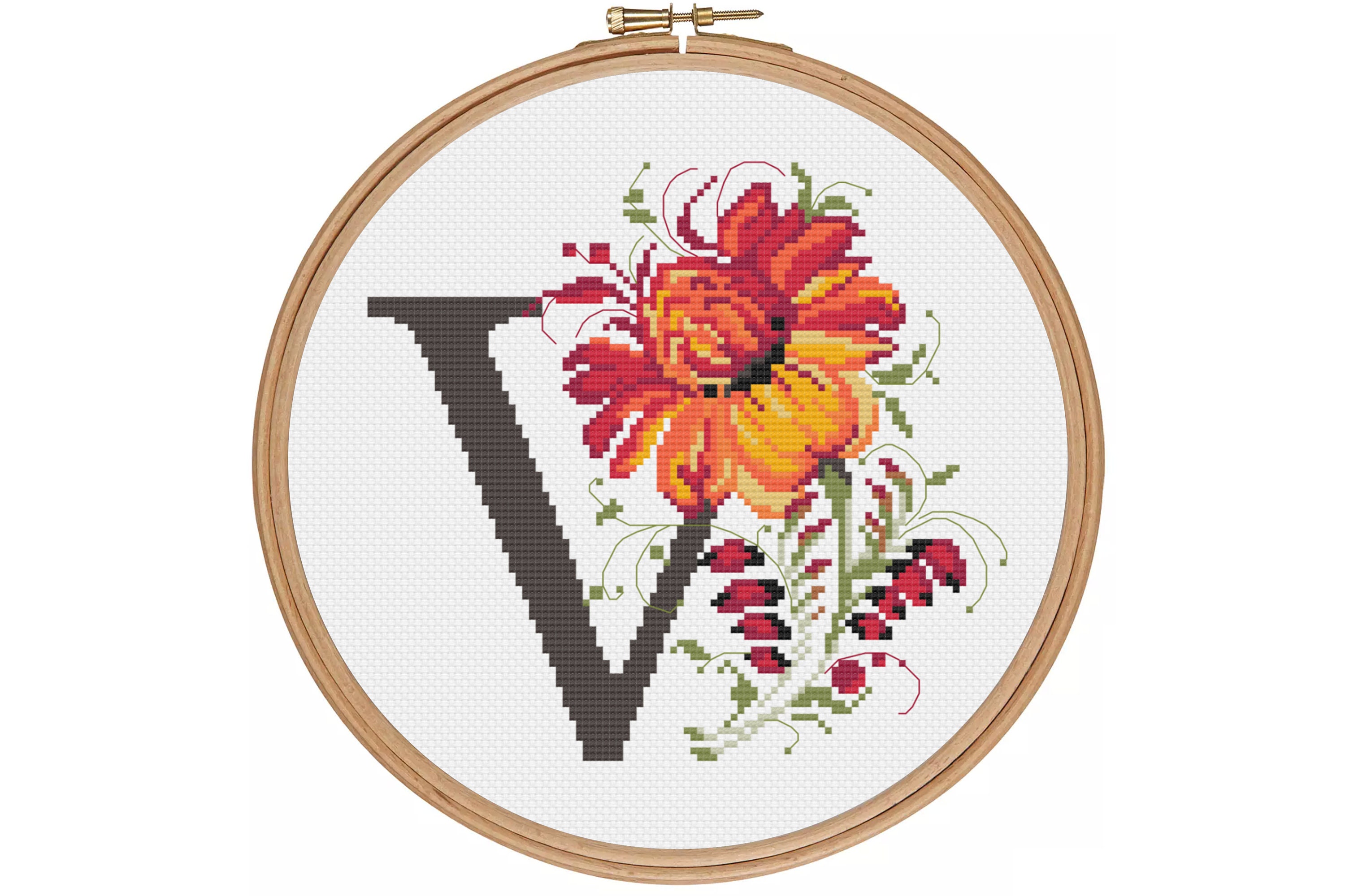 Floral Letter V Cross Stitch Monogram Pattern V Folk | Etsy