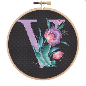 Floral Letter V - Folk Pdf Cross Stitch Pattern - Flower Monogram ...