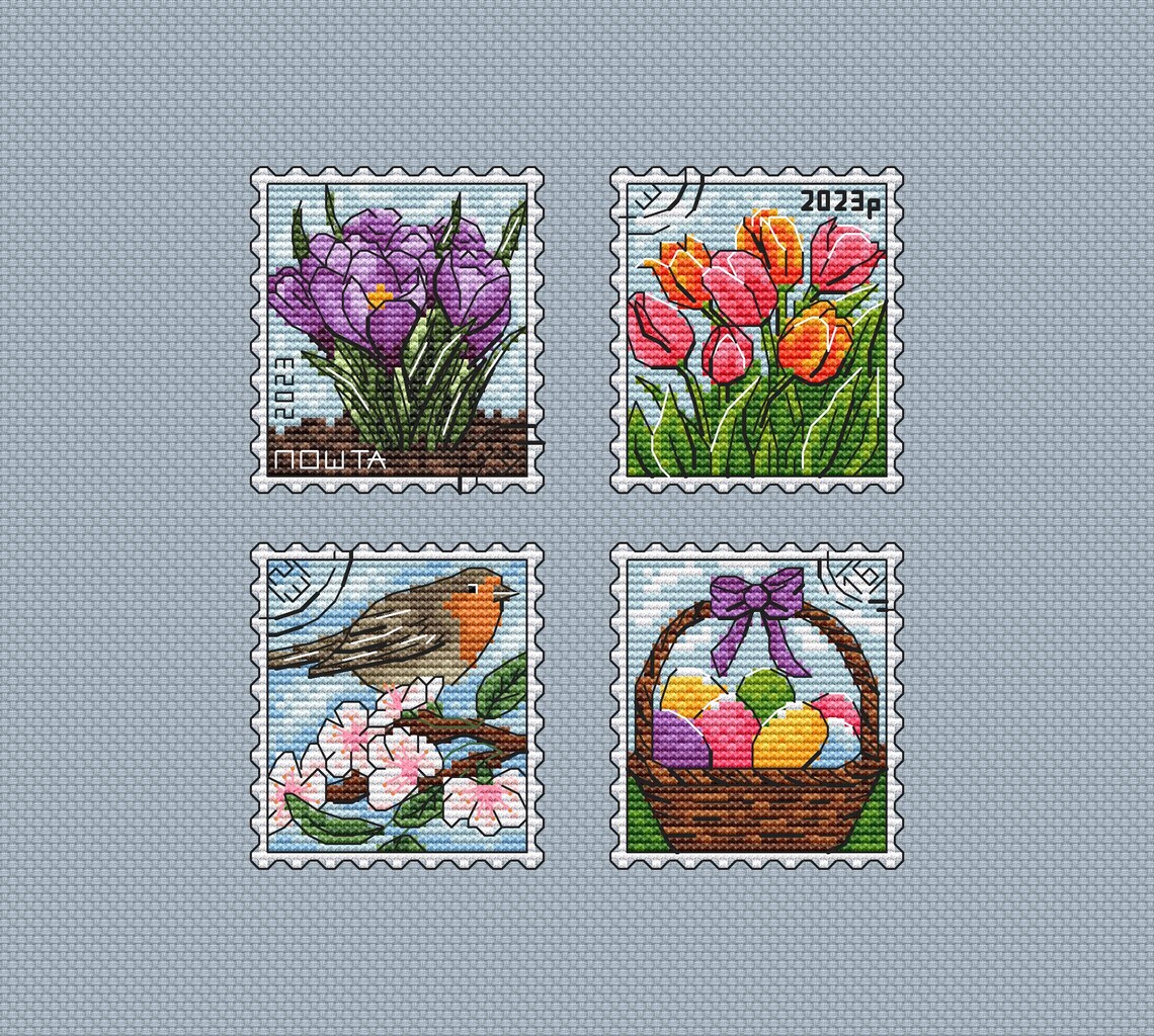 Spring SET Post Stamp PDF Cross Stitch Pattern - Easter Eggs Embroidery ...
