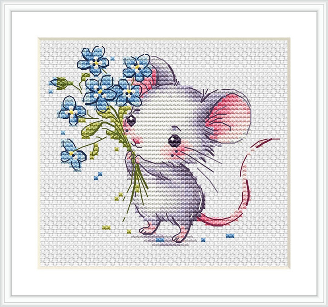 Cute Little Mouse With Forget Me Not Flowers - PDF Cross Stitch Mice ...