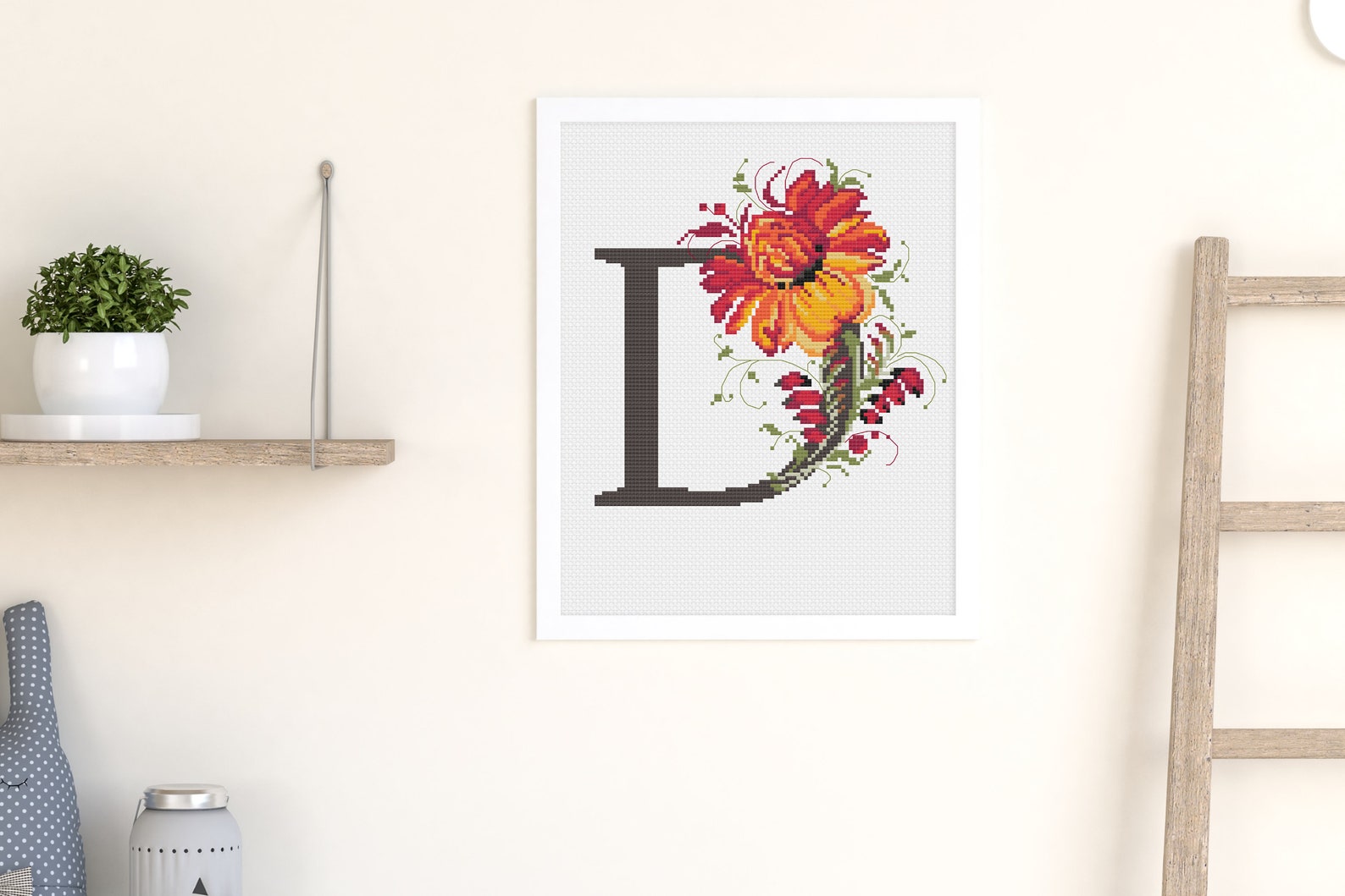 Floral Letter D Cross Stitch Monogram Pattern D Folk - Etsy
