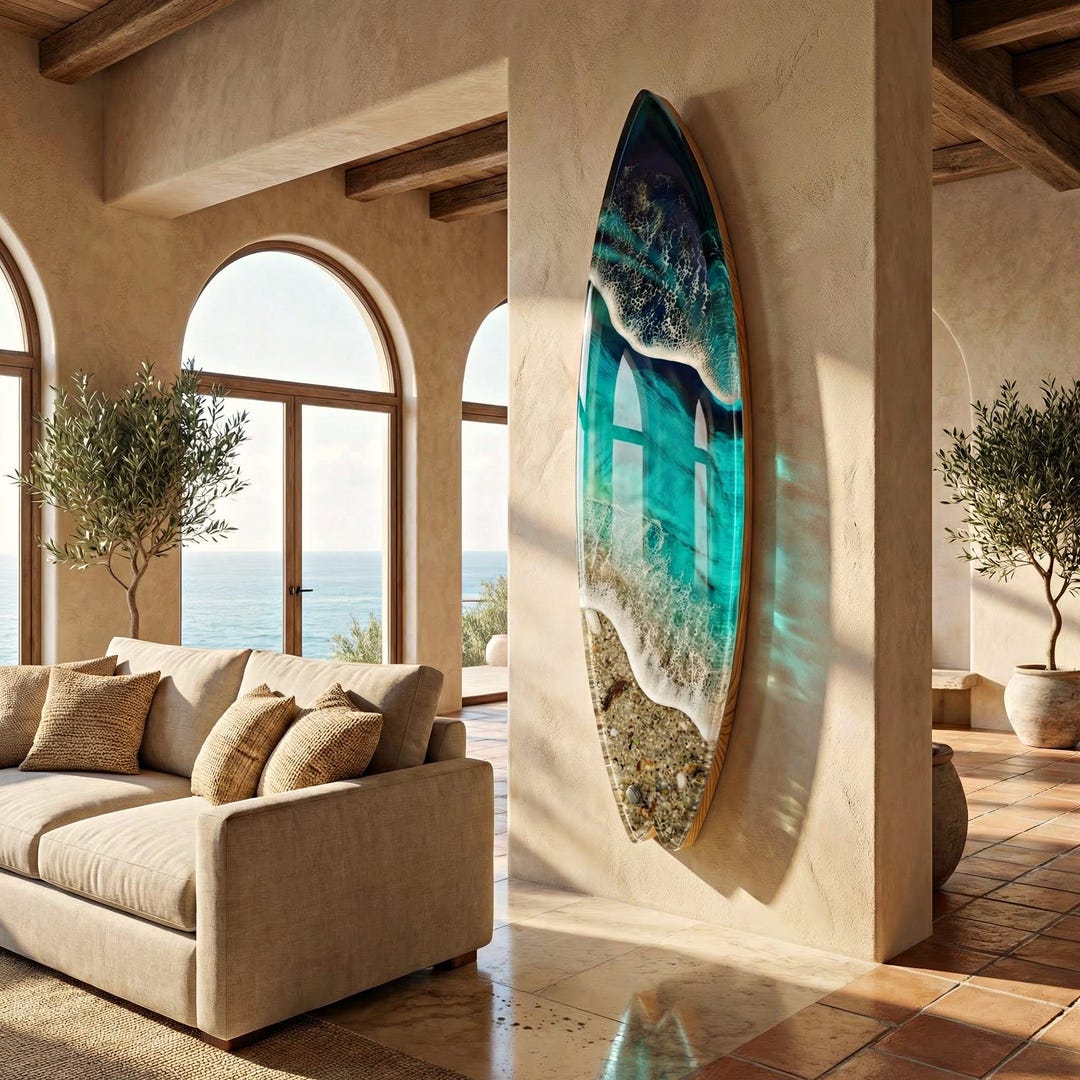 Large Vertical Resin Surfboard Wall Art – 3D Ocean Sculpture on Pine ...