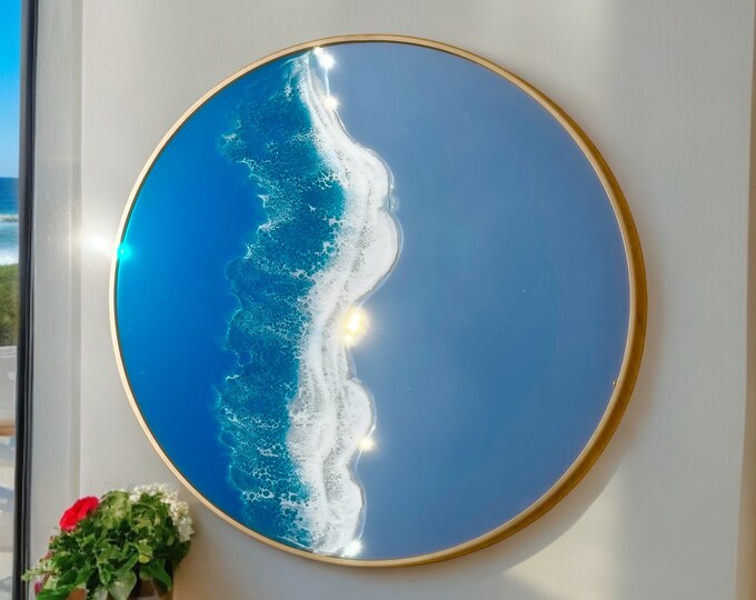 Round Ocean Wall Mirror Epoxy Resin Ocean Art Silver Metal Mirror ...