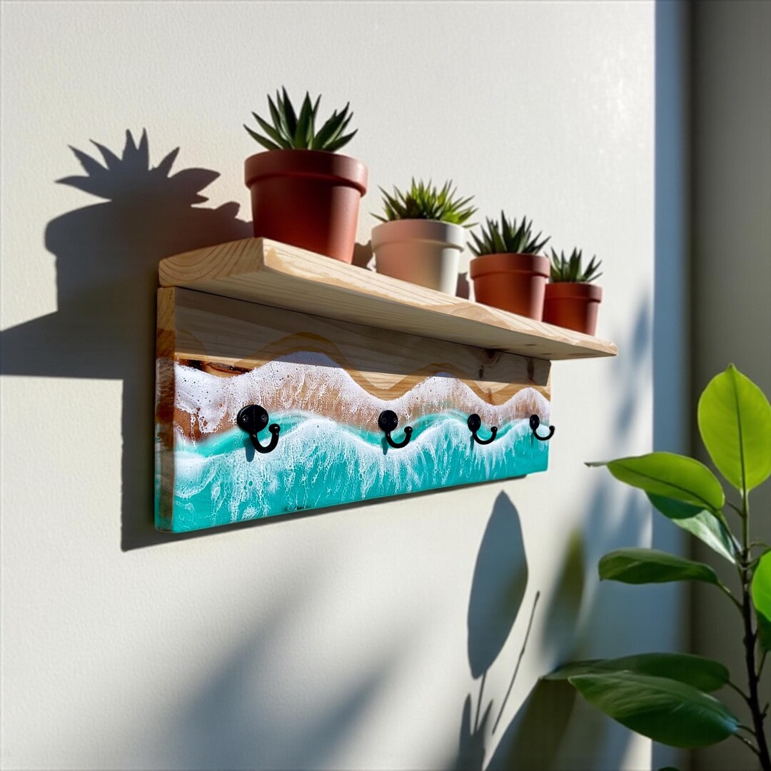 Coastal Wave Hook Rack: Handmade Wood & Turquoise Resin Ocean Decor - Etsy
