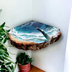 Corner Oak Floating Shelf With Sea Wave Resin Decor 30 Cm Deep, Oak ...