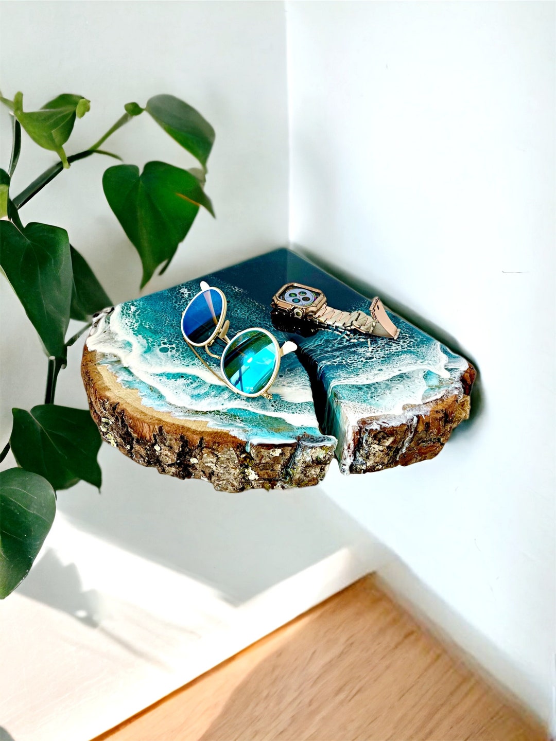 Corner Oak Floating Shelf With Sea Wave Resin Decor 30 Cm Deep, Oak ...