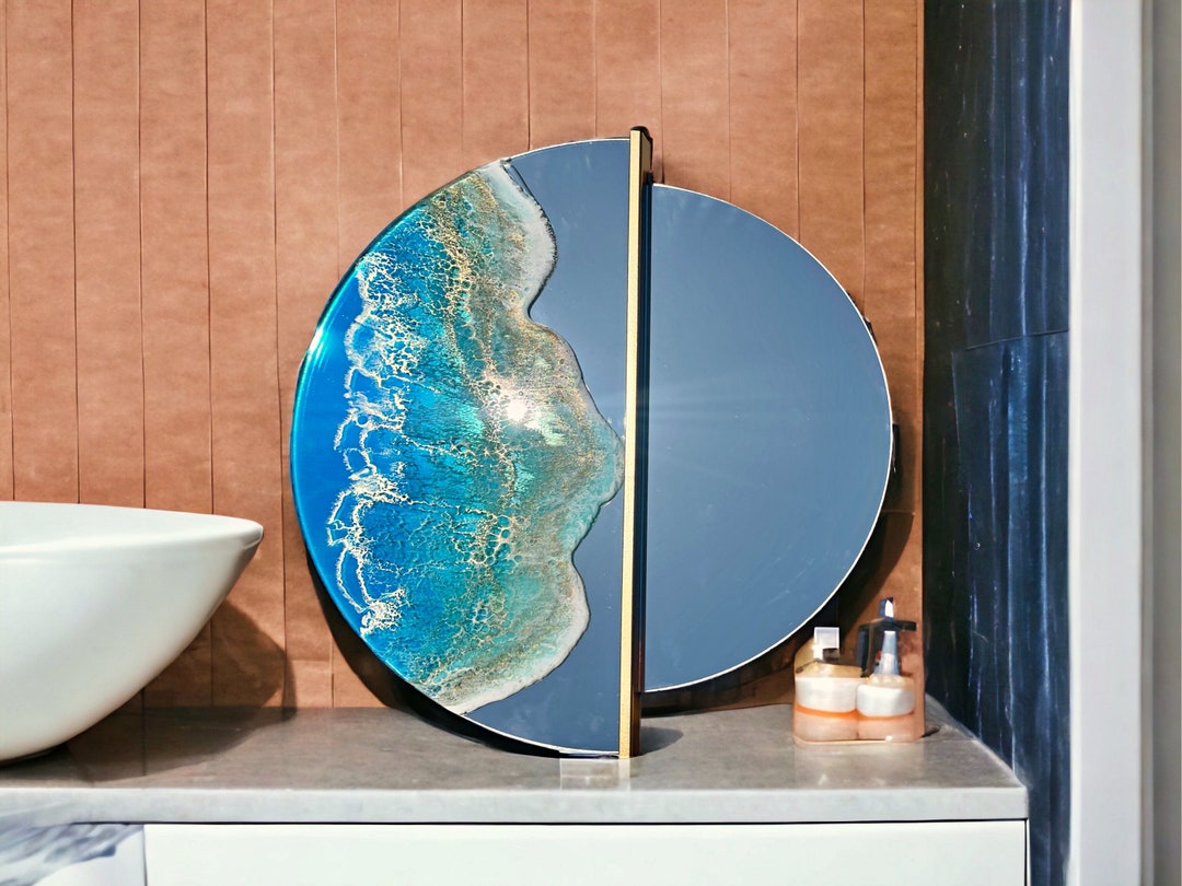 Wall Mirror With Blue and Gold Wave Resin Decor 50cm in Diameter - Etsy