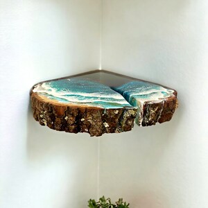 Corner Oak Floating Shelf With Sea Wave Resin Decor 30 Cm Deep, Oak ...