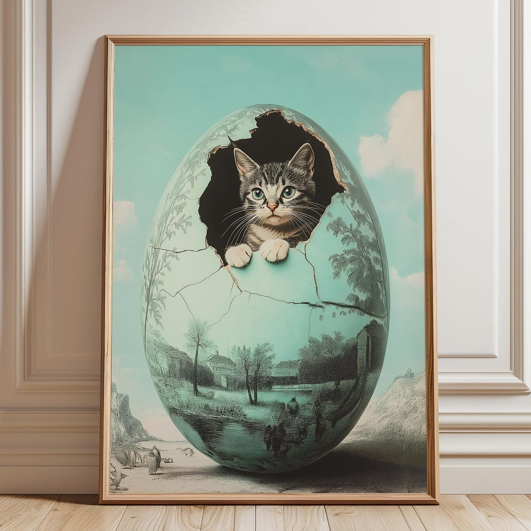 Tabby in a Toile Egg | Retro Art | Animal Artwork | Cat Lover Gift ...