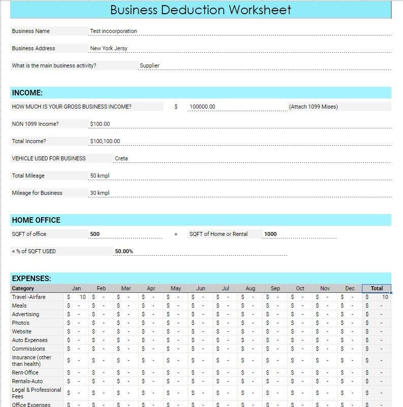 1099/small Business Tax Deduction Spreadsheet With Home Office ...