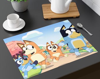 Whimsical Bluey Placemat, Kids Dinnerware, Cartoon Decor, Fun Play Mat ...