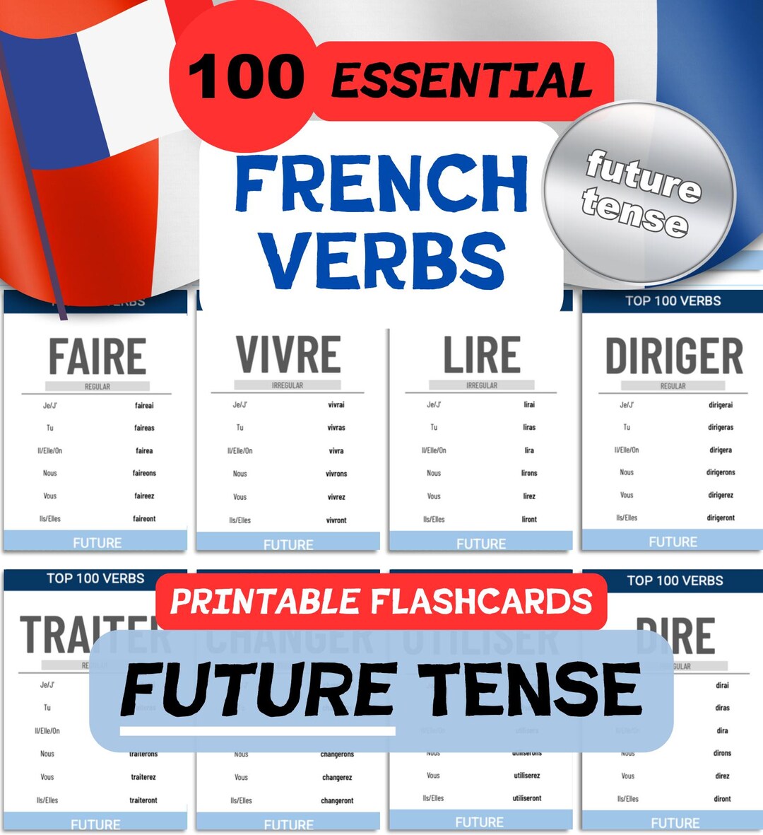 100 Essential French Future Verb Flashcards | French Vocabulary ...