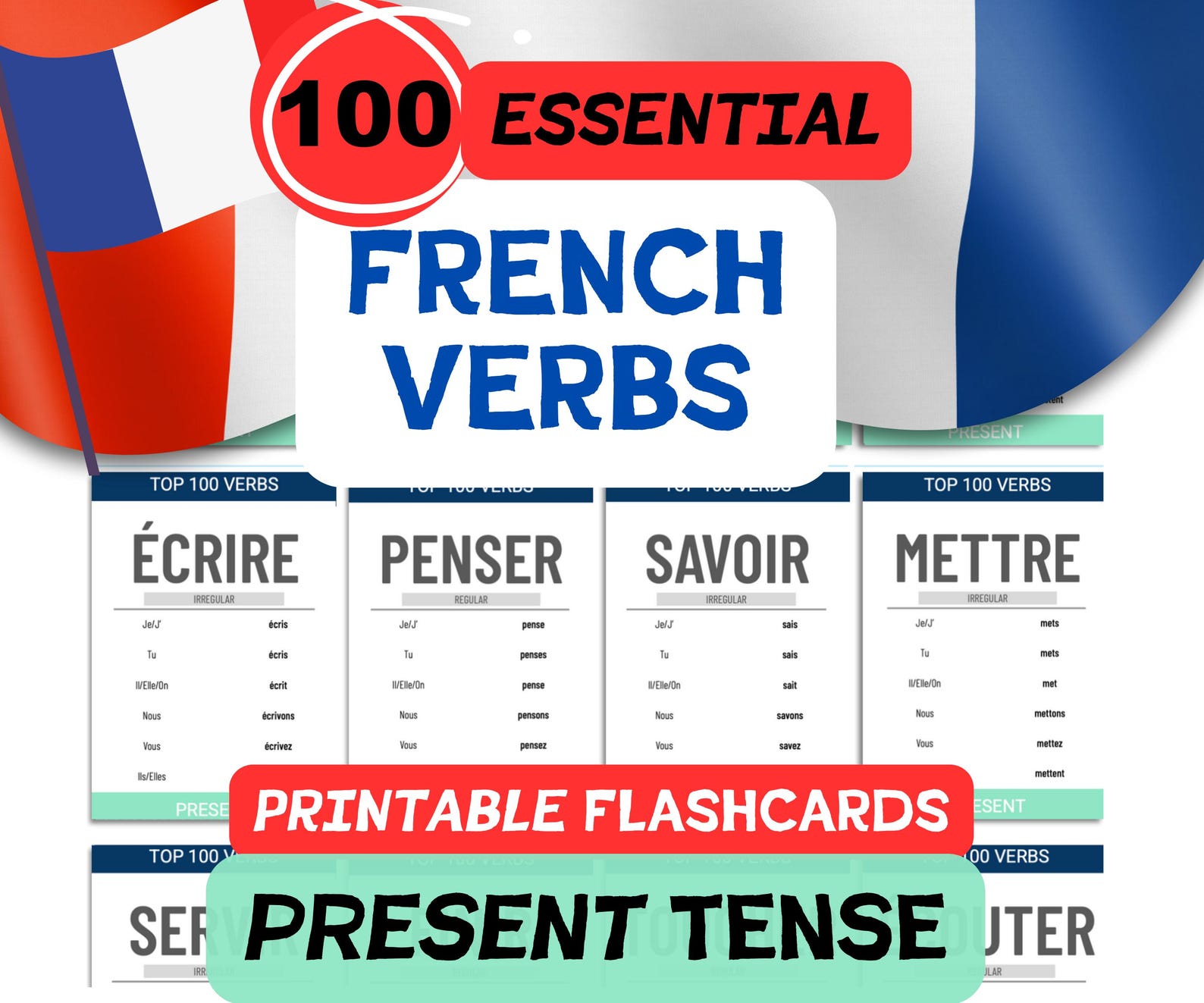 100 Essential French Verb Flashcards French Vocabulary Present ...