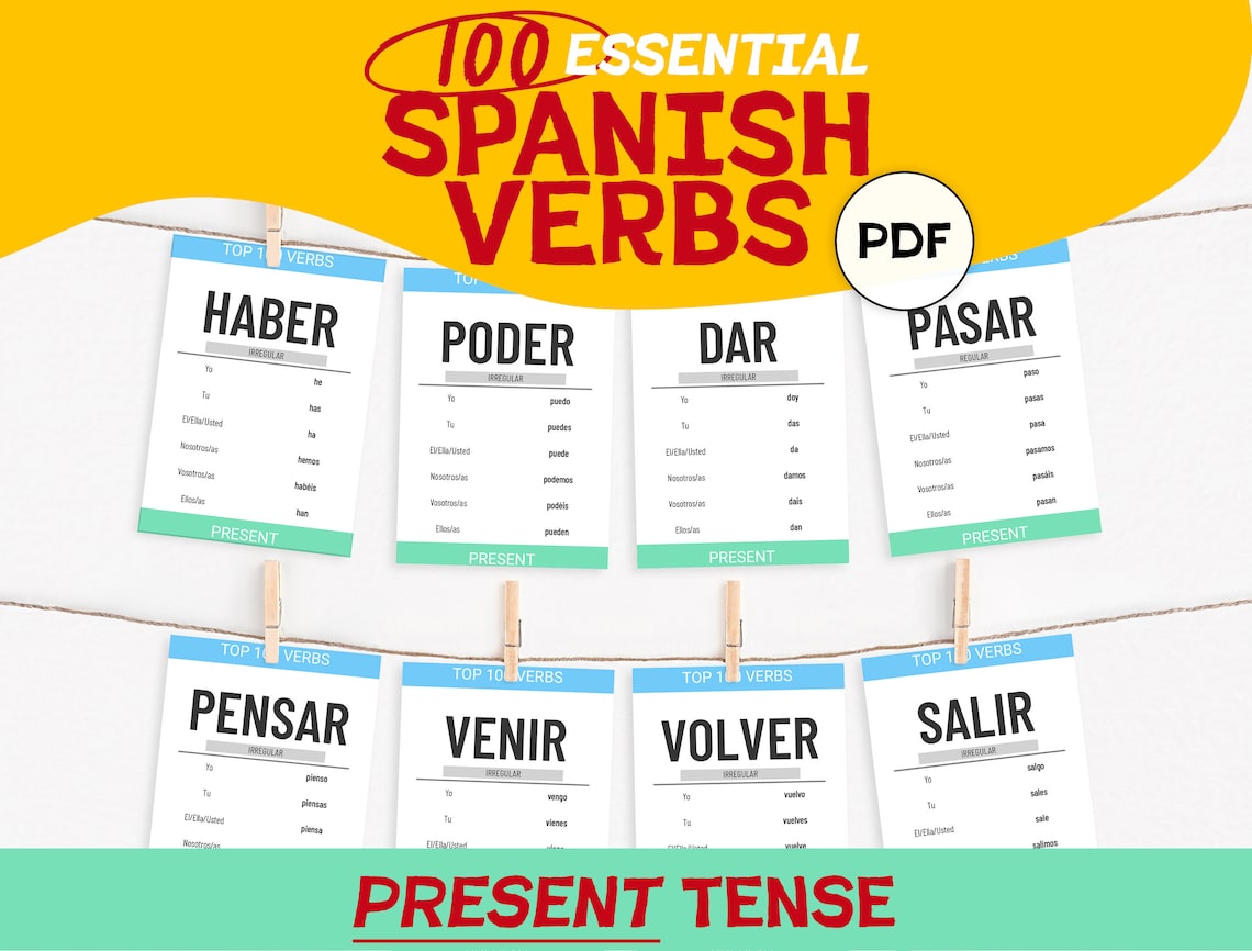 100 Essential Spanish Verb Flashcards | Spanish Vocabulary Present ...