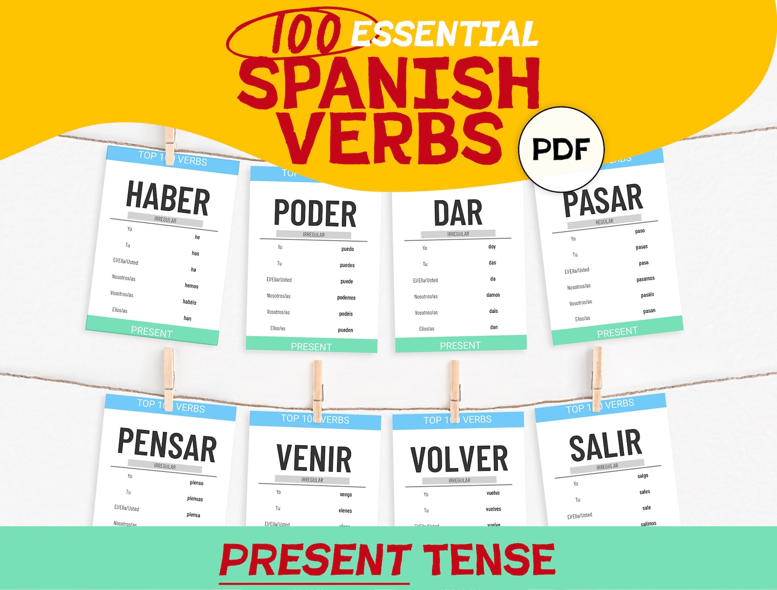 100 Essential Spanish Verb Flashcards | Spanish Vocabulary Present ...
