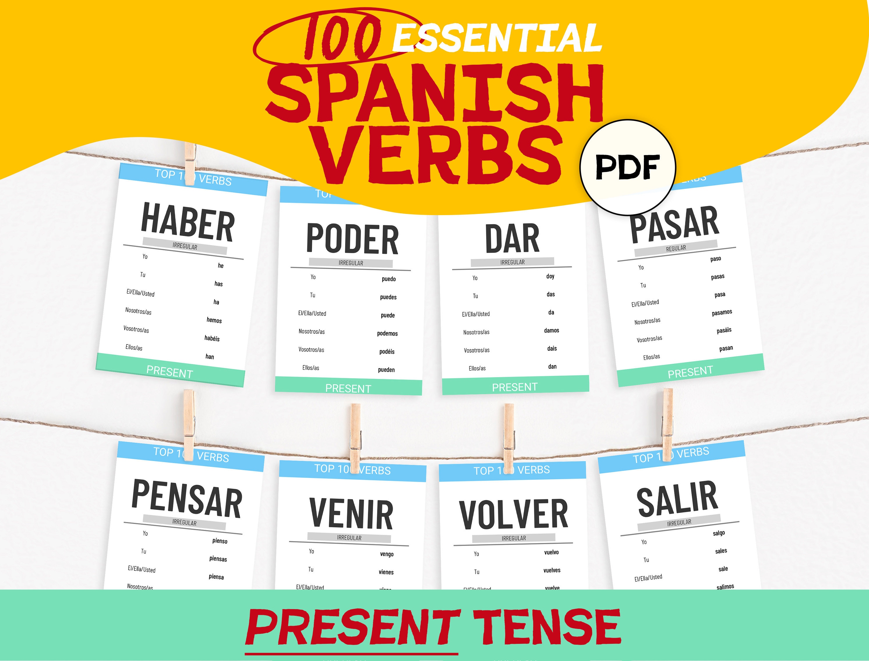 100 Essential Spanish Verb Flashcards | Spanish Vocabulary Present ...
