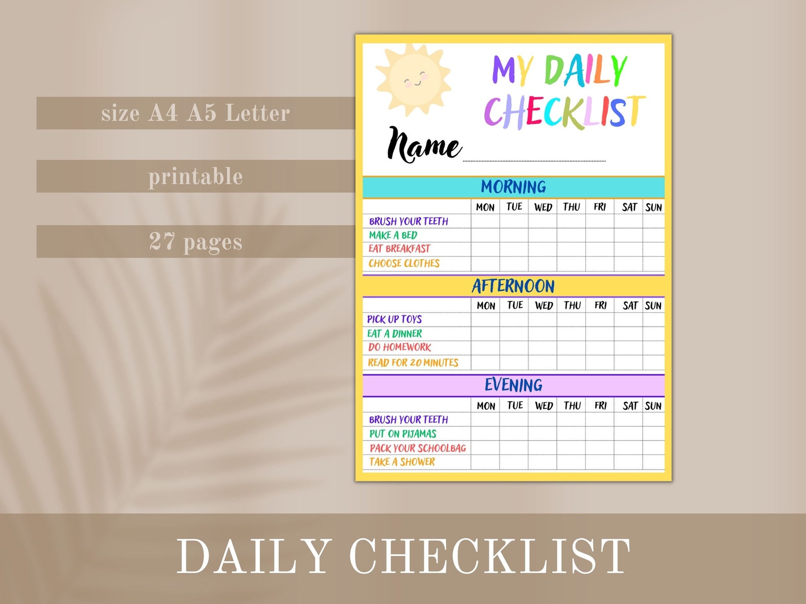 Kids Daily Checklist | Printable Checklist for Kids | Daily Planner ...