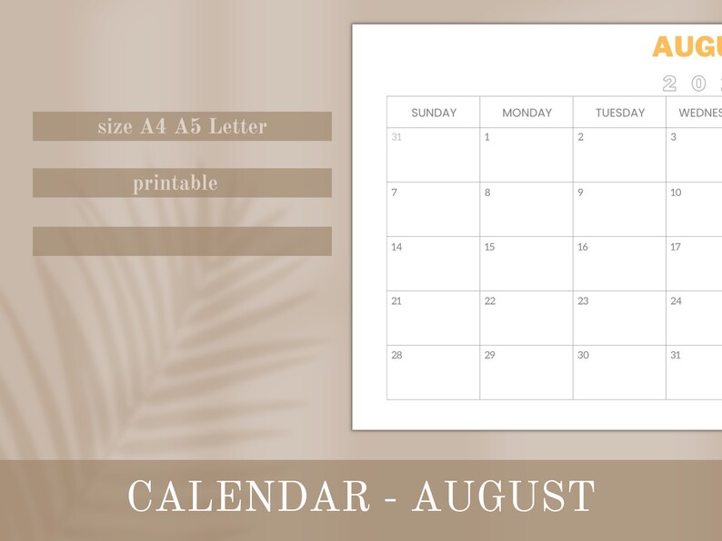 Editable August Calendar | Monthly Planner | Summer Calendar | A4 A5 ...