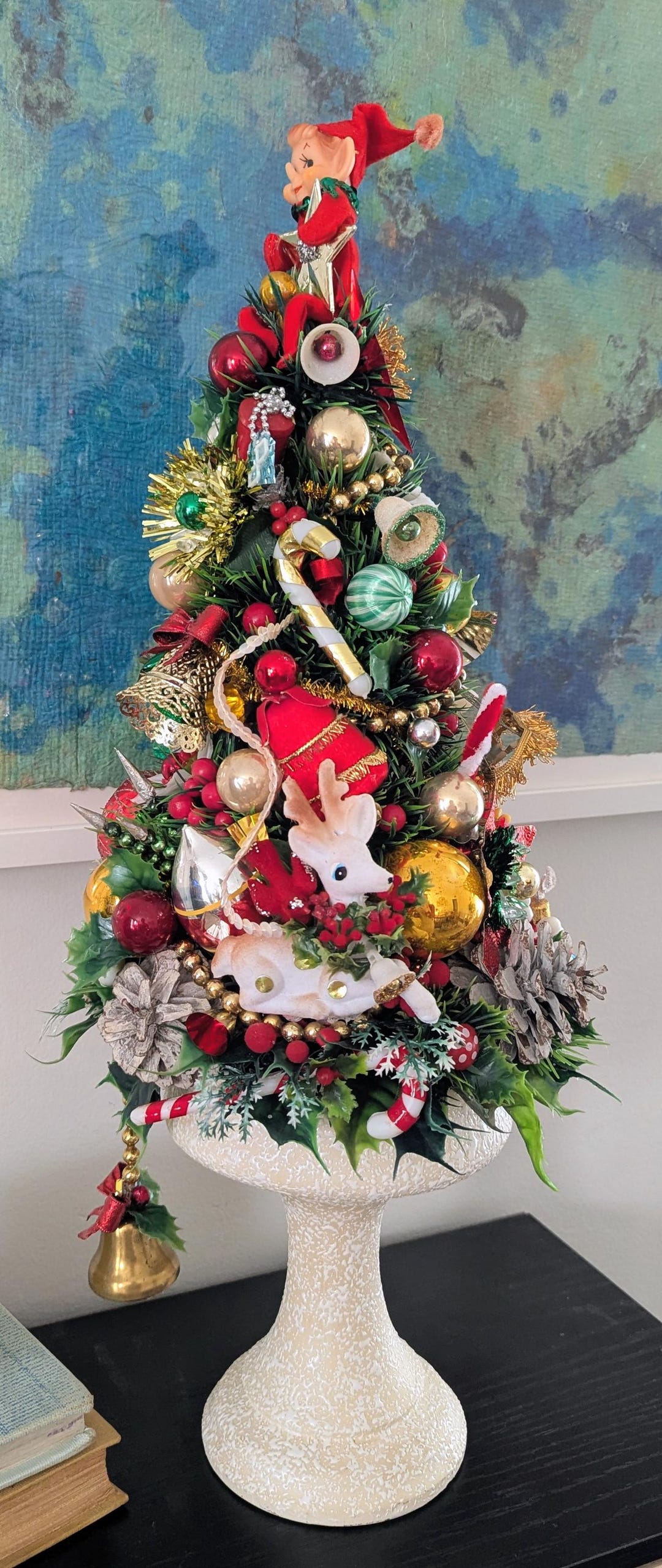 Handmade Vintage 22" Christmas Tree Assemblage With Elf, Reindeer ...
