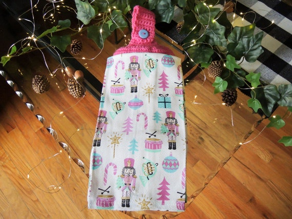 Nutcracker Hanging Kitchen Towel Christmas Princess Purple Teal Crochet Top Hand Towel Tie Top Button Xmas Pink Goth Candy Canes Etsy