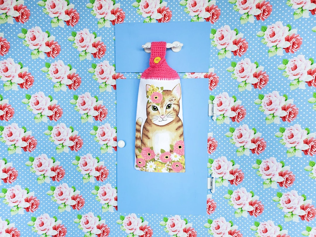 Cat Flowers Hanging Kitchen Towel Floral Spring Garden Crochet Top Hand ...