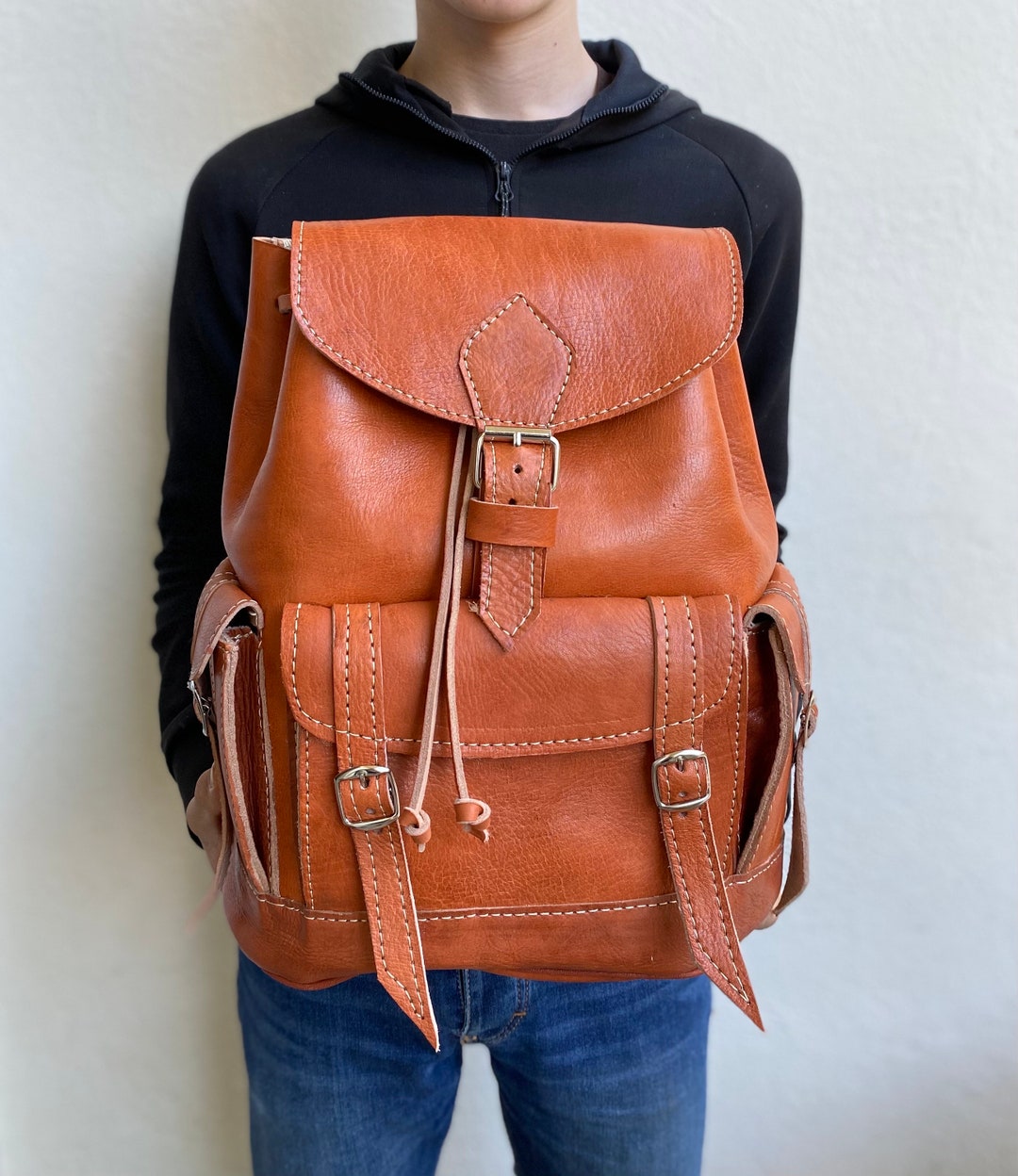 Handmade Natural Leather Backpack, Vintage Handcrafted Bag, Sturdy ...