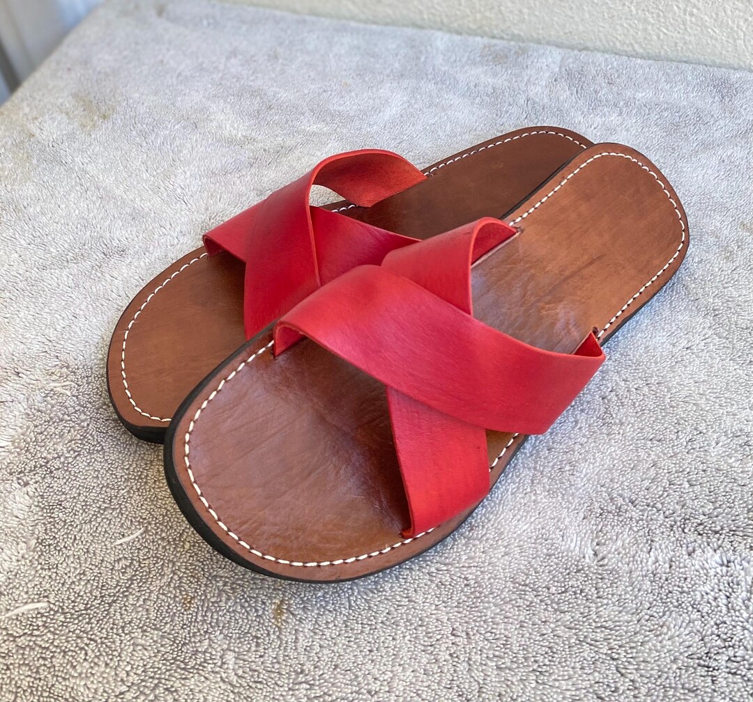 Red Genuine Leather Cross Men's Sandals - Unique Design, Maximized ...