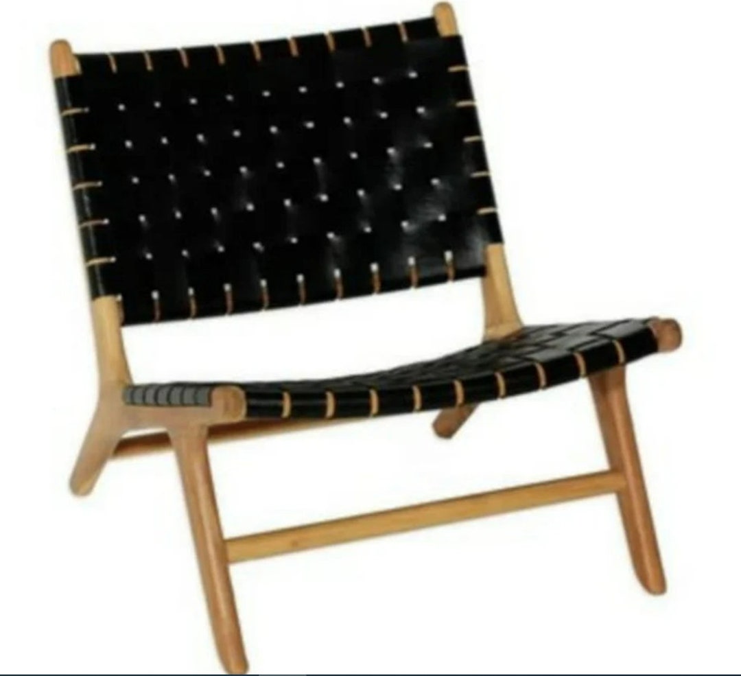 Black Wood and Braided Leather Armchair With Matching Stool - Etsy