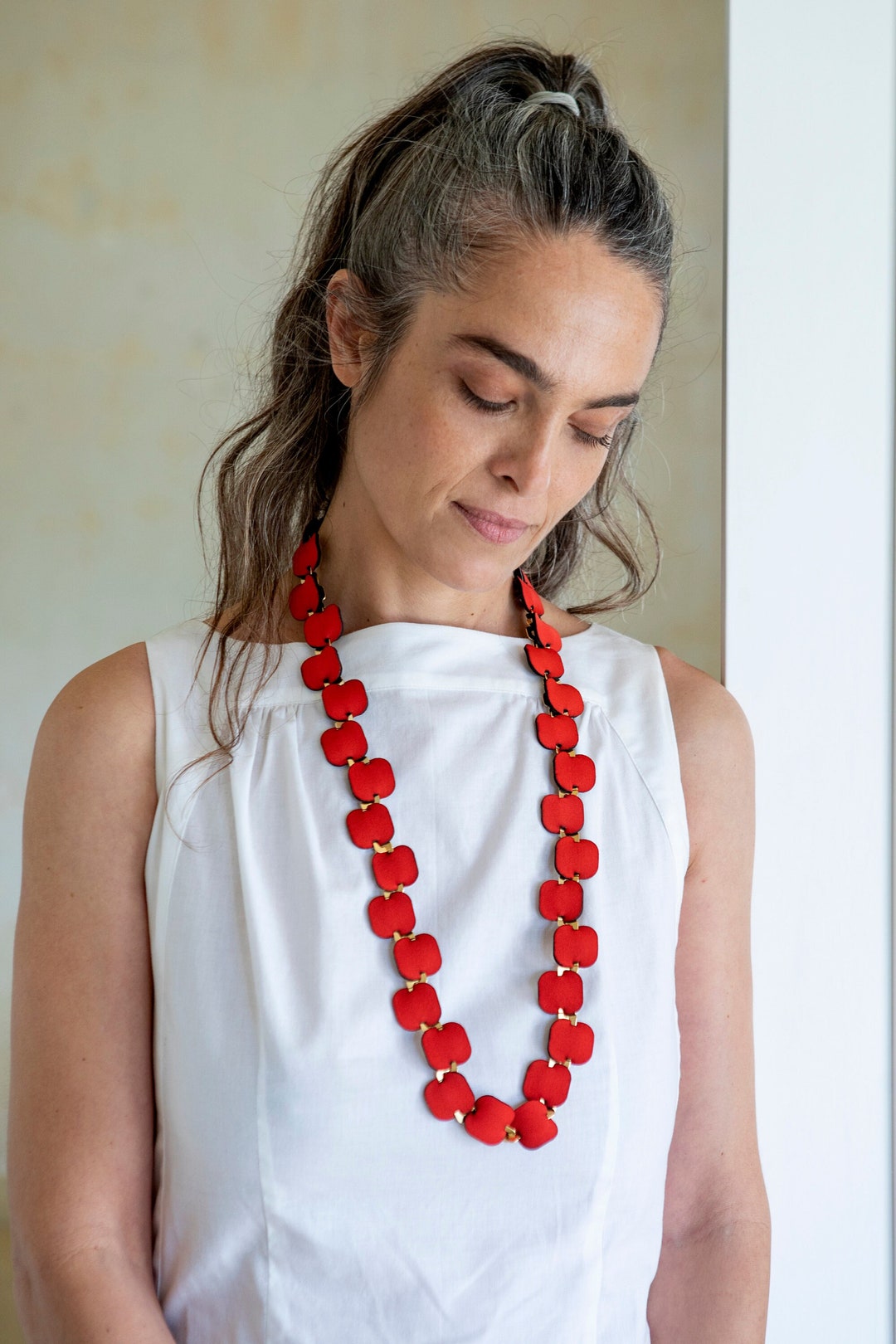 Reversible Red & Gold Necklace, Elegant Fabric Statement Necklace ...