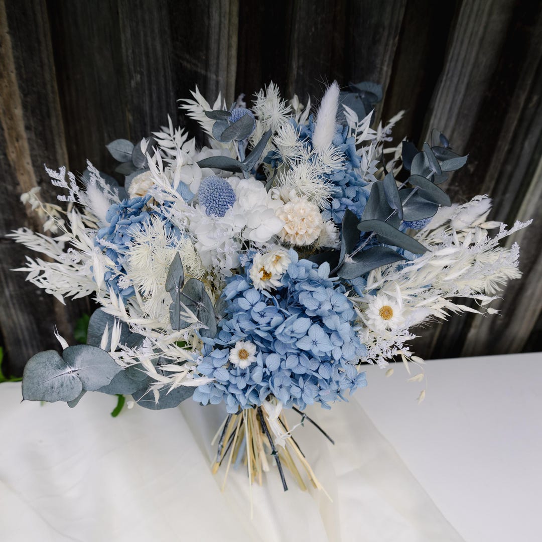 Dusty Blue Dried Flower Bridal Bouquet: Hydrangea, Bunny Tails ...