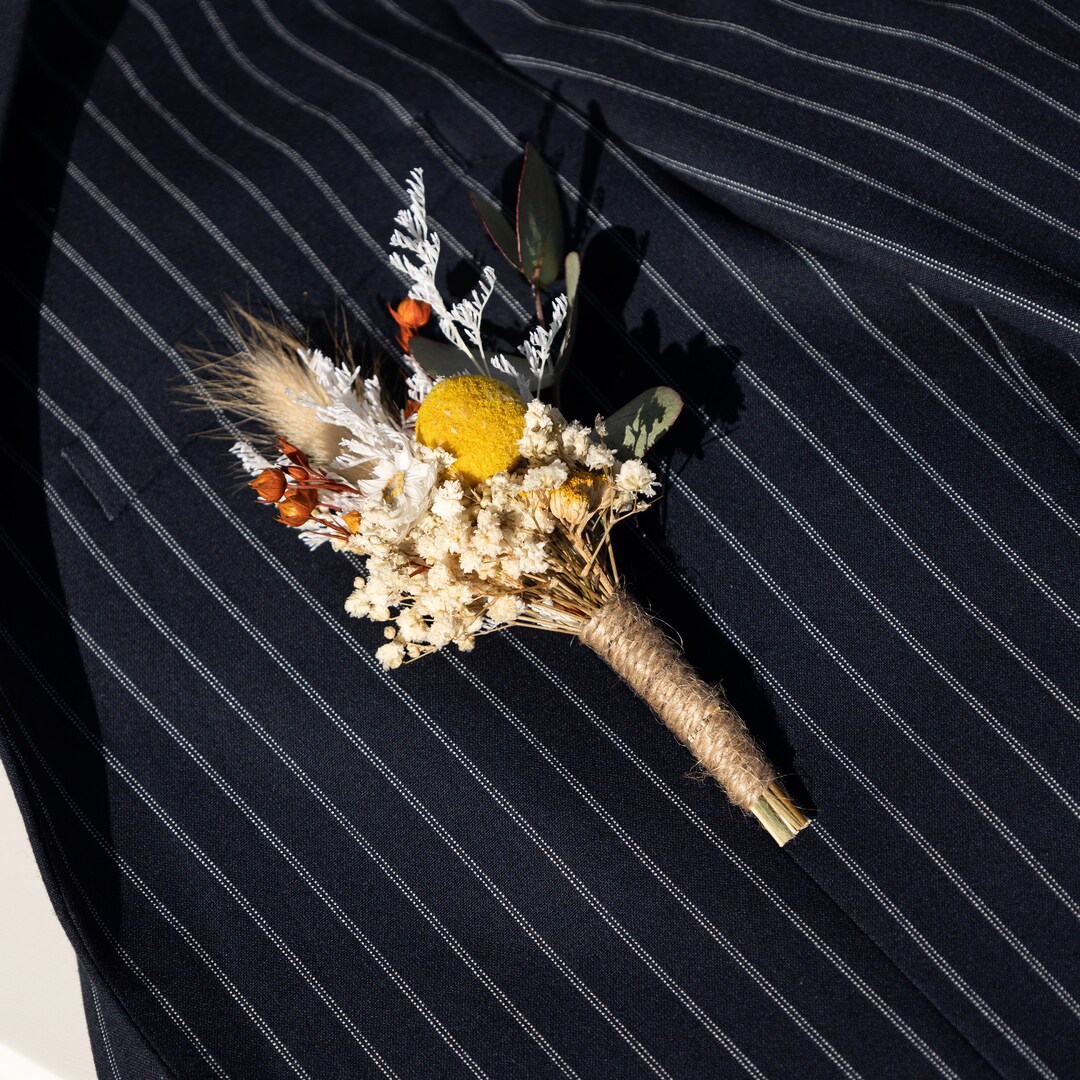 Billy Button Rust Tone Boutonnieres, Dried Flower Buttonhole, Hydrangea ...