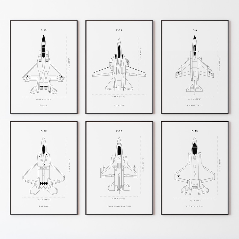 Fighter Jet Poster, Set of 6 Wall Art, Minimalist Blueprint Poster ...